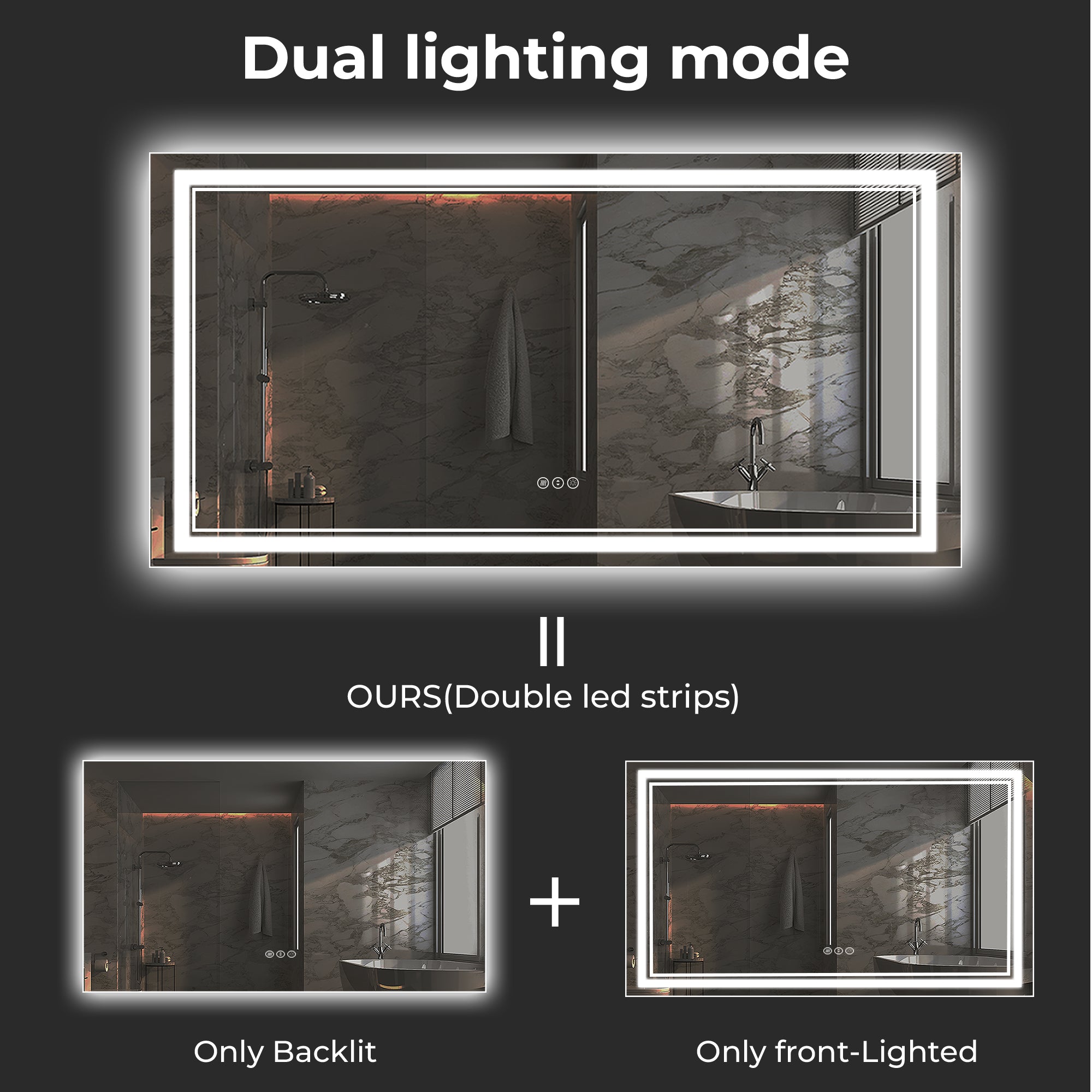 72 x 36 Inch LED Bathroom Mirror with Dual Lighting & Anti-Fog | Apex ...