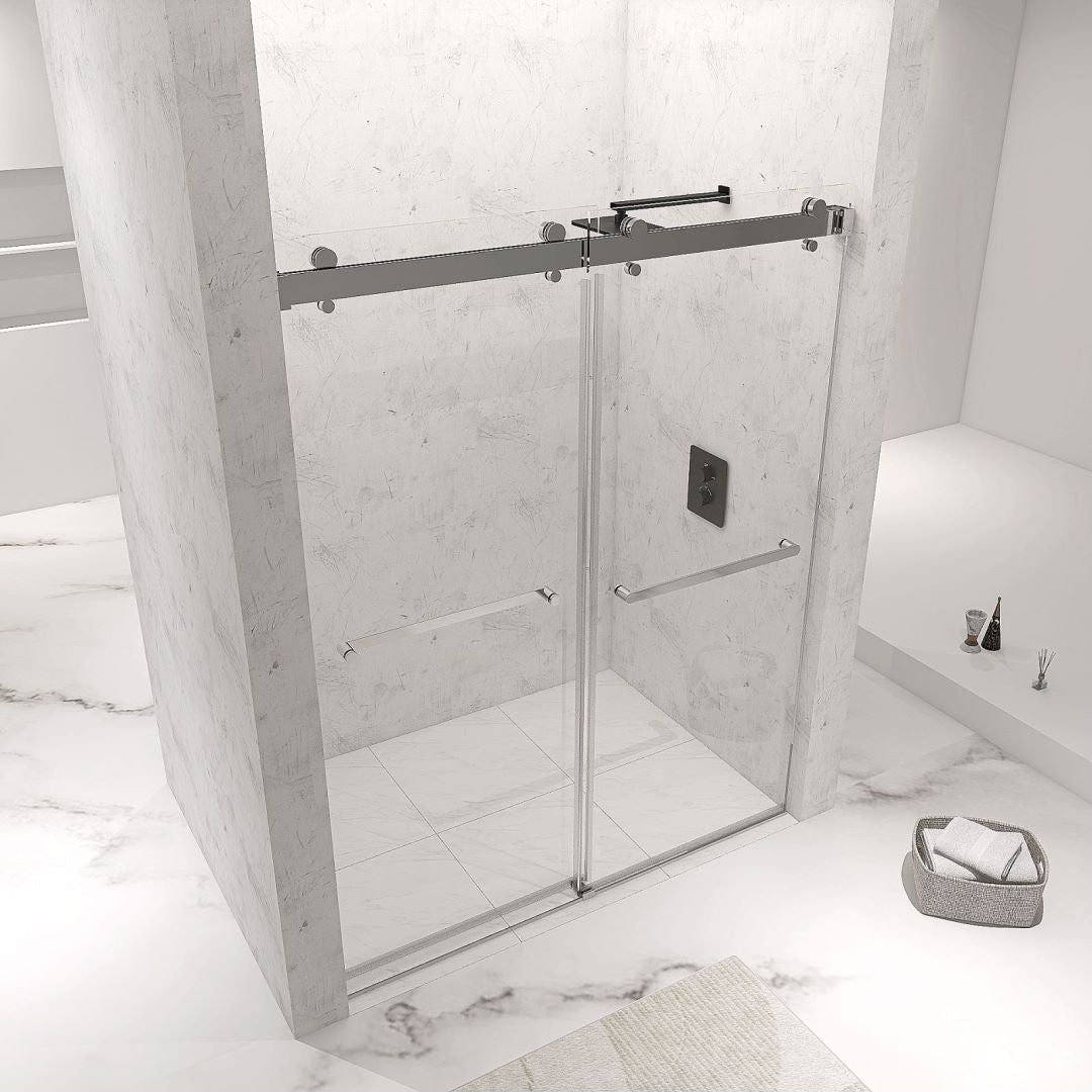 Arba 76" Tall Double Door Shower Door Aluminum and Glass in Brushed ...